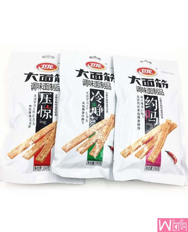 Wei Long spicy dry tofu gluten snack food 106g x 2 bags 卫龙辣条新包装大面筋 106克 ...